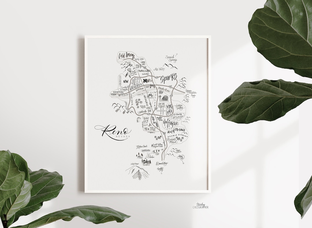Reno, NV Neighborhood Map Print - Handlettered - Map of Reno - Reno ...