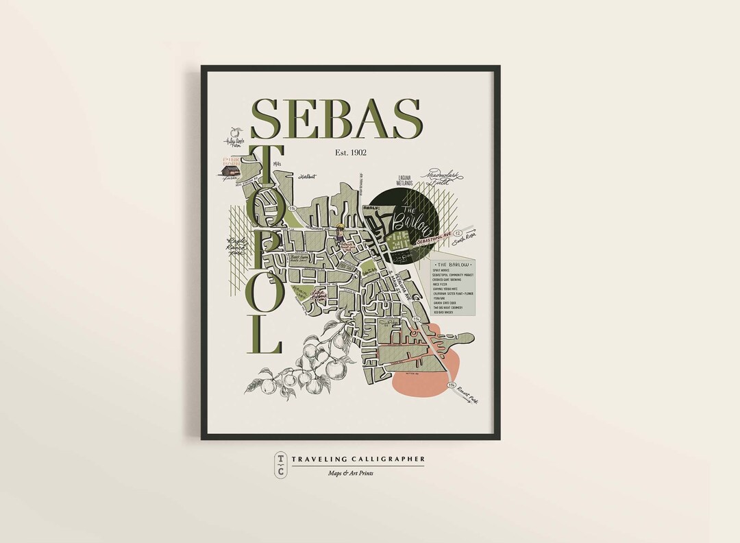 Sebastopol, CA Neighborhood Map Print - Handlettered-map of Sebastopol ...