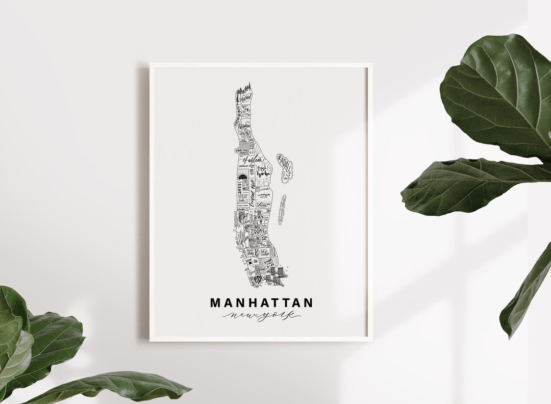 Manhattan, New York Neighborhood Map Print - Handlettered - Map of ...