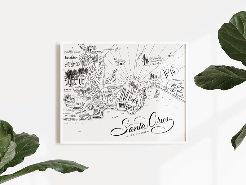 Santa Cruz, CA Neighborhood Map Print - Handlettered - Map of Santa ...