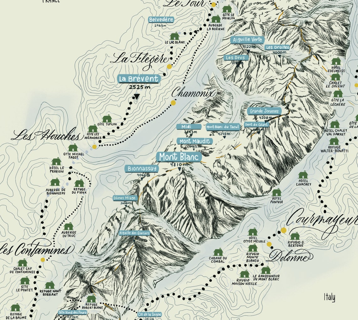 Tour Du Mont Blanc Trail Map Refugios TMB Map Mont Blanc - Etsy
