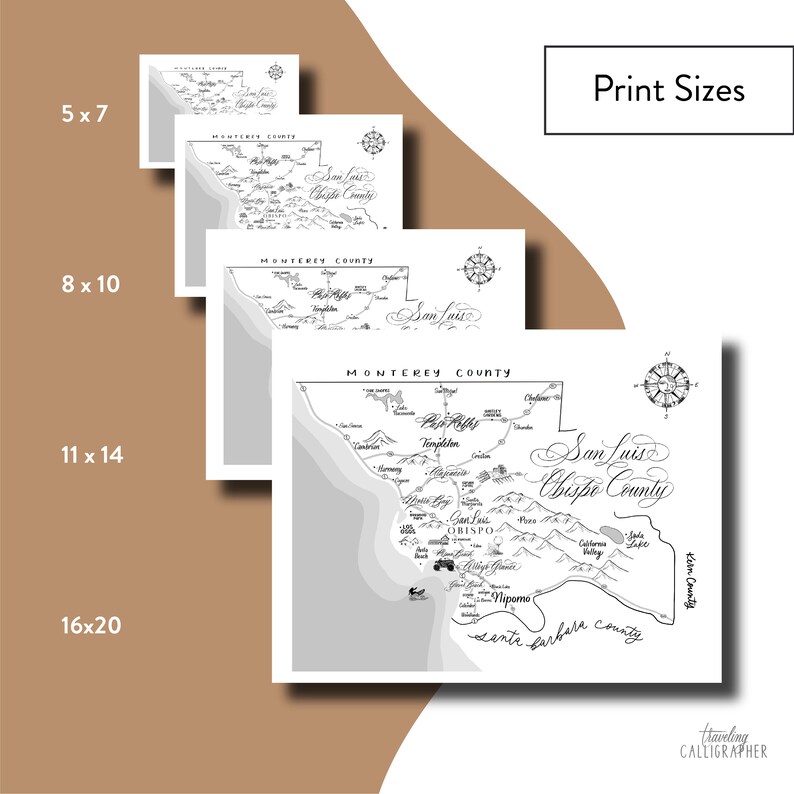San Luis Obispo County Map Print - Handlettered-map of SLO County - SLO ...