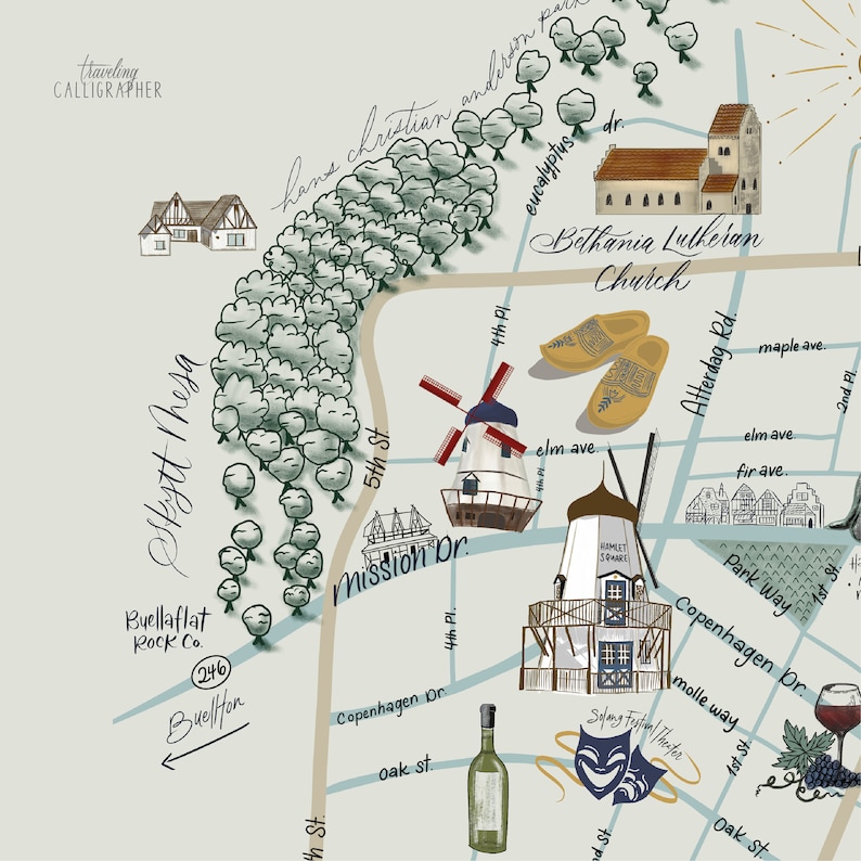 Solvang, California Illustrated Map Print - Map of Solvang - Solvang ...