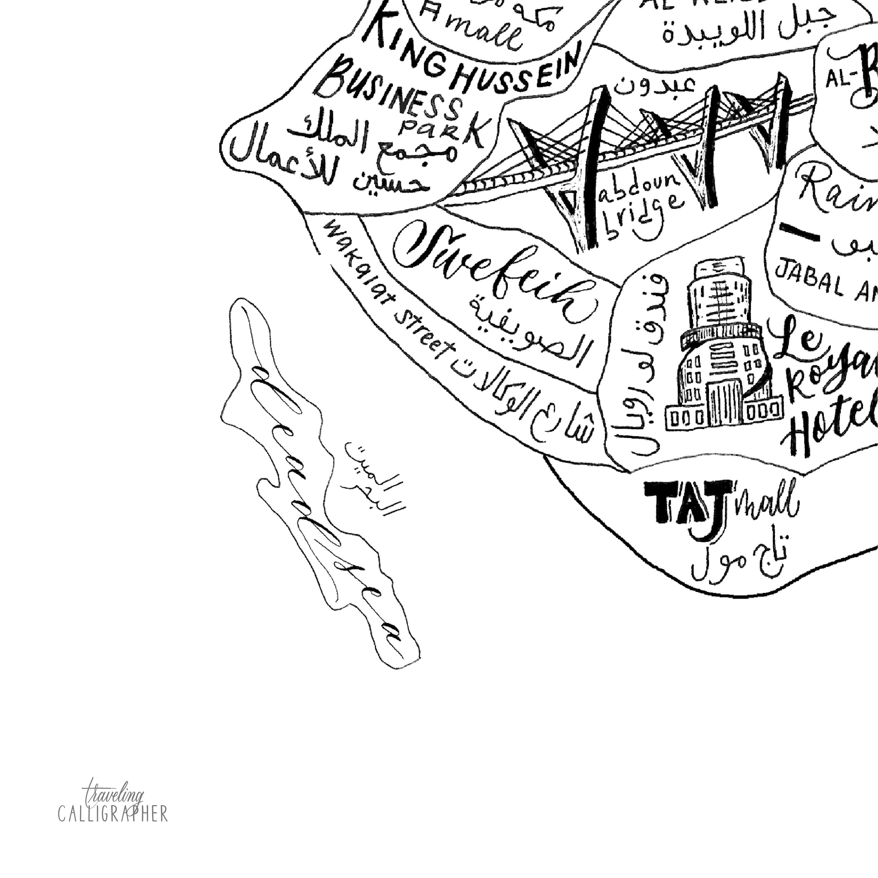 Amman, Jordan Neighborhood Map Print - Handlettered - Map of Amman ...
