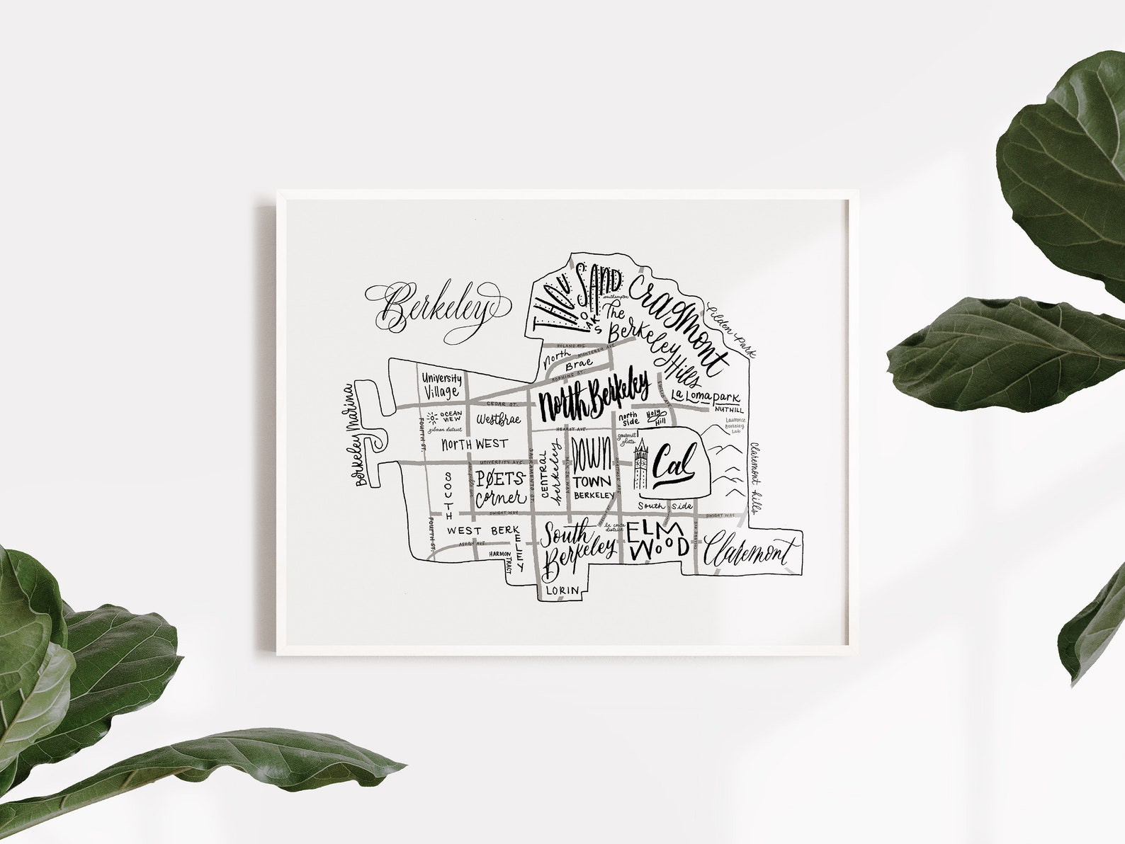 Berkeley Neighborhood Map Print - Handlettered - Map of Berkeley ...