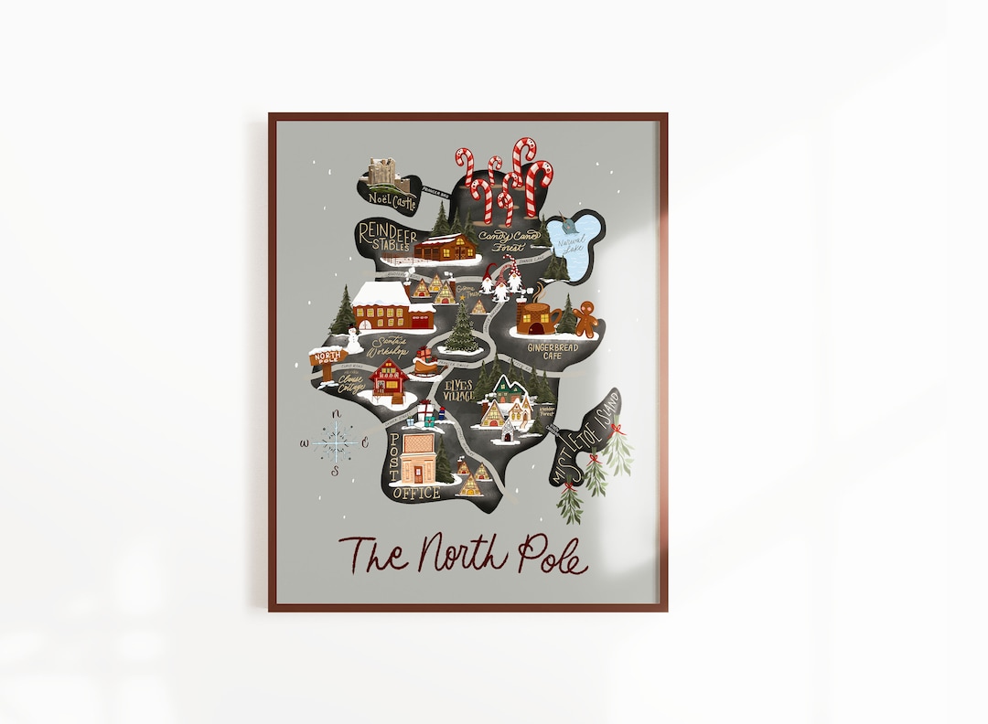 The North Pole Map - North Pole Art, Christmas Art, Unique Maps, Map of ...