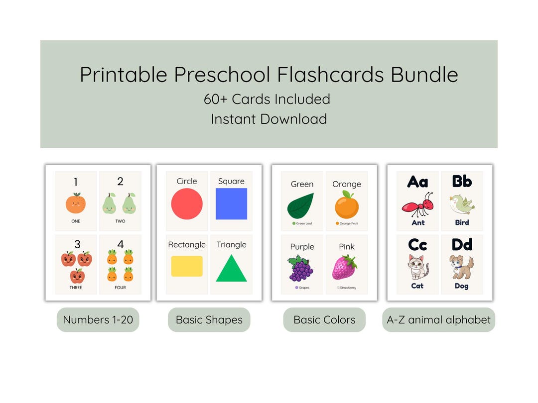 Printable Preschool Flashcards Bundle,abc Animal Alphabet, Numbers 1–20 ...