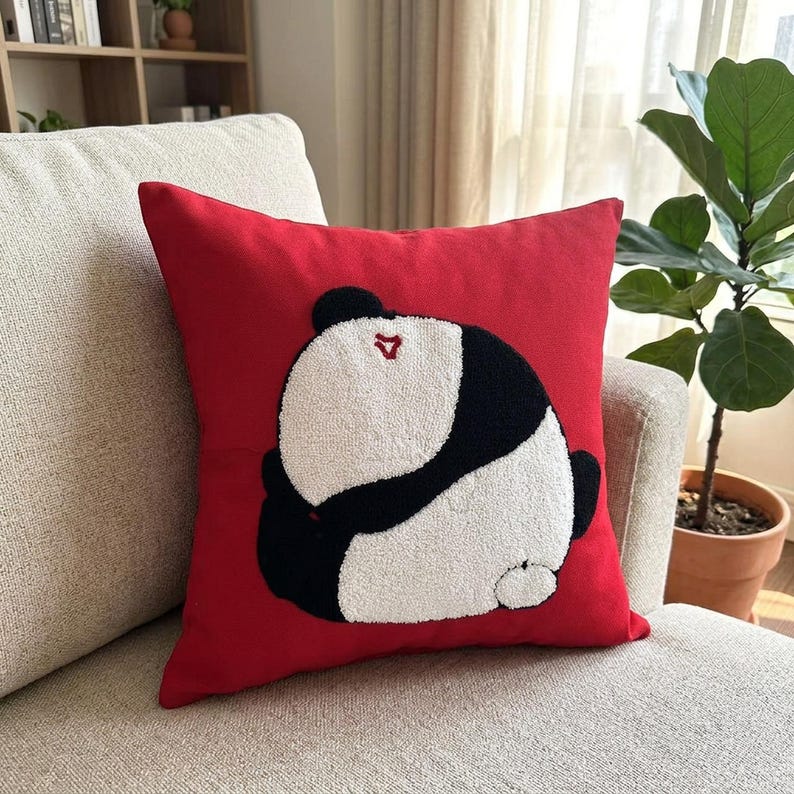 Embroidered Animal Pillow Cover: Tufted Cotton Canvas Cushion, Playful ...