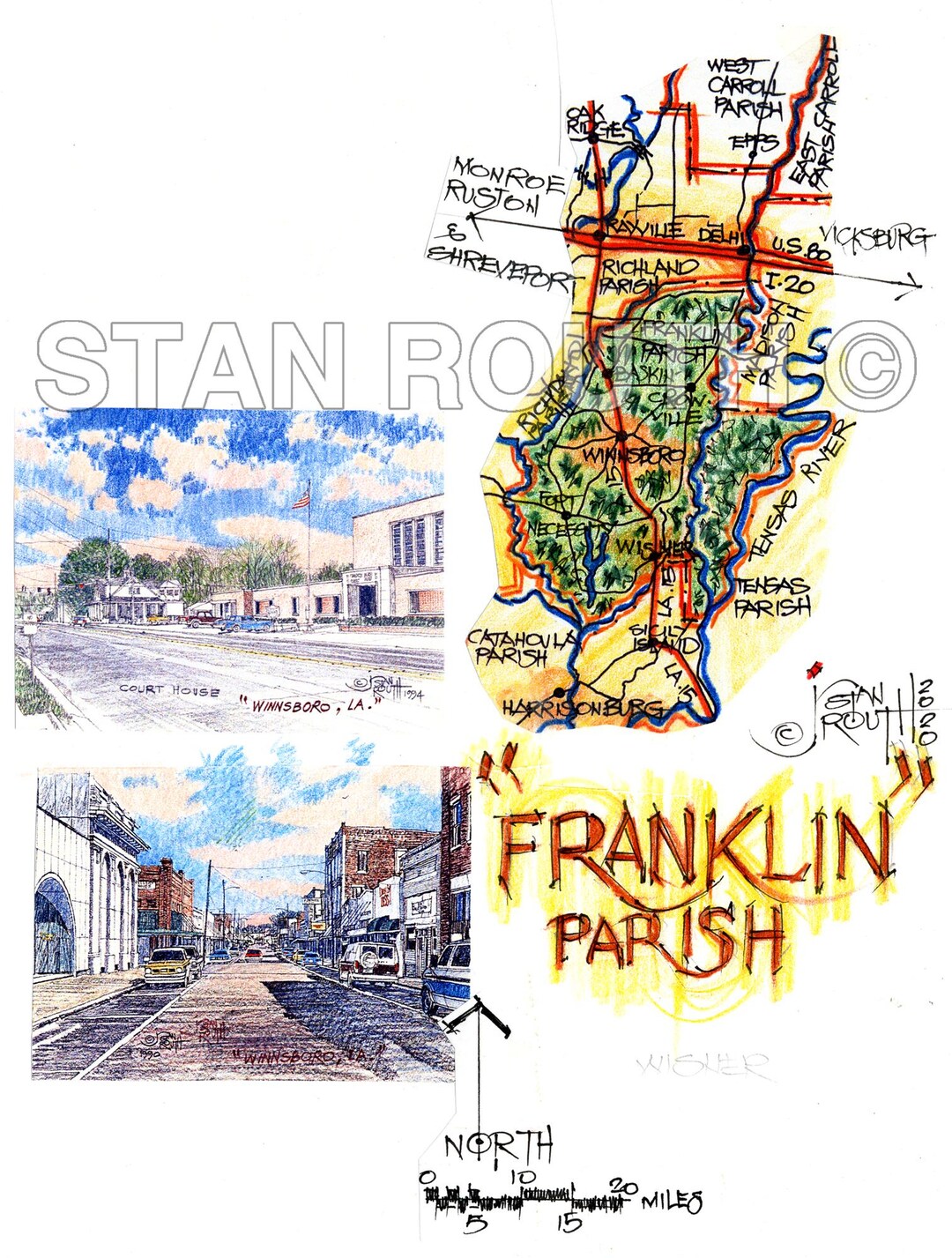 Franklin Parish Landmarks Collage/poster by Artist Stan Routh - Etsy