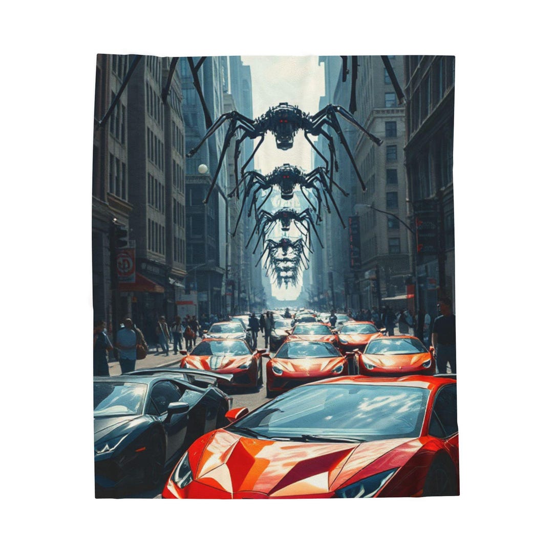 Spider Invasion City Street, Velveteen Blanket | Surreal Cars and ...