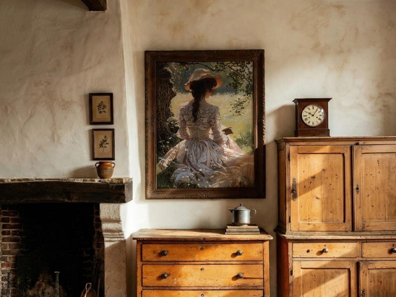 Cottagecore Reading Girl Art Print, Vintage Pastel Dress, Summer Meadow ...