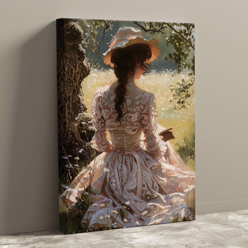 Cottagecore Reading Girl Art Print, Vintage Pastel Dress, Summer Meadow ...