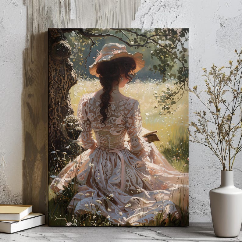 Cottagecore Reading Girl Art Print, Vintage Pastel Dress, Summer Meadow ...