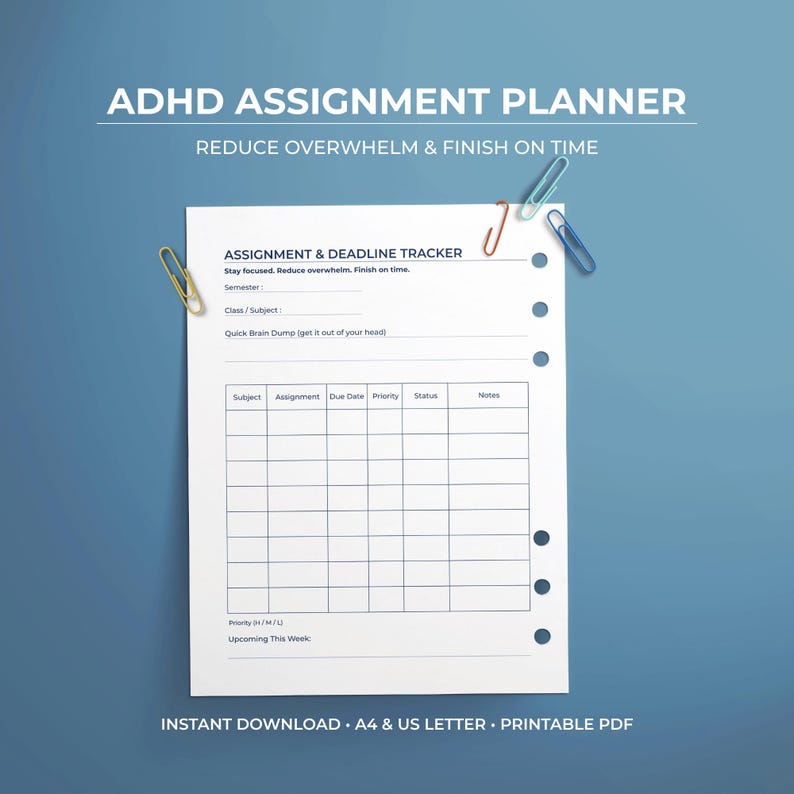 ADHD Student Planner Printable, Assignment Tracker, Study Organizer ...