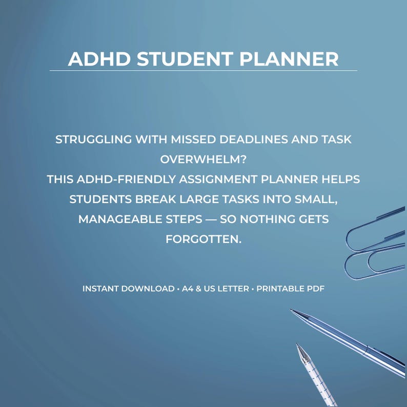 ADHD Student Planner Printable, Assignment Tracker, Study Organizer ...