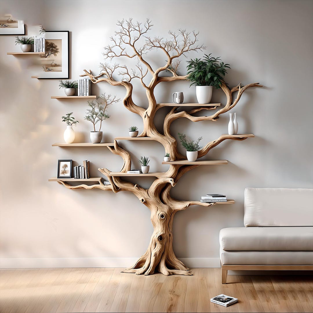 Handmade Wall-mounted Solid Wood Tree Branch Bookshelf for Interior ...