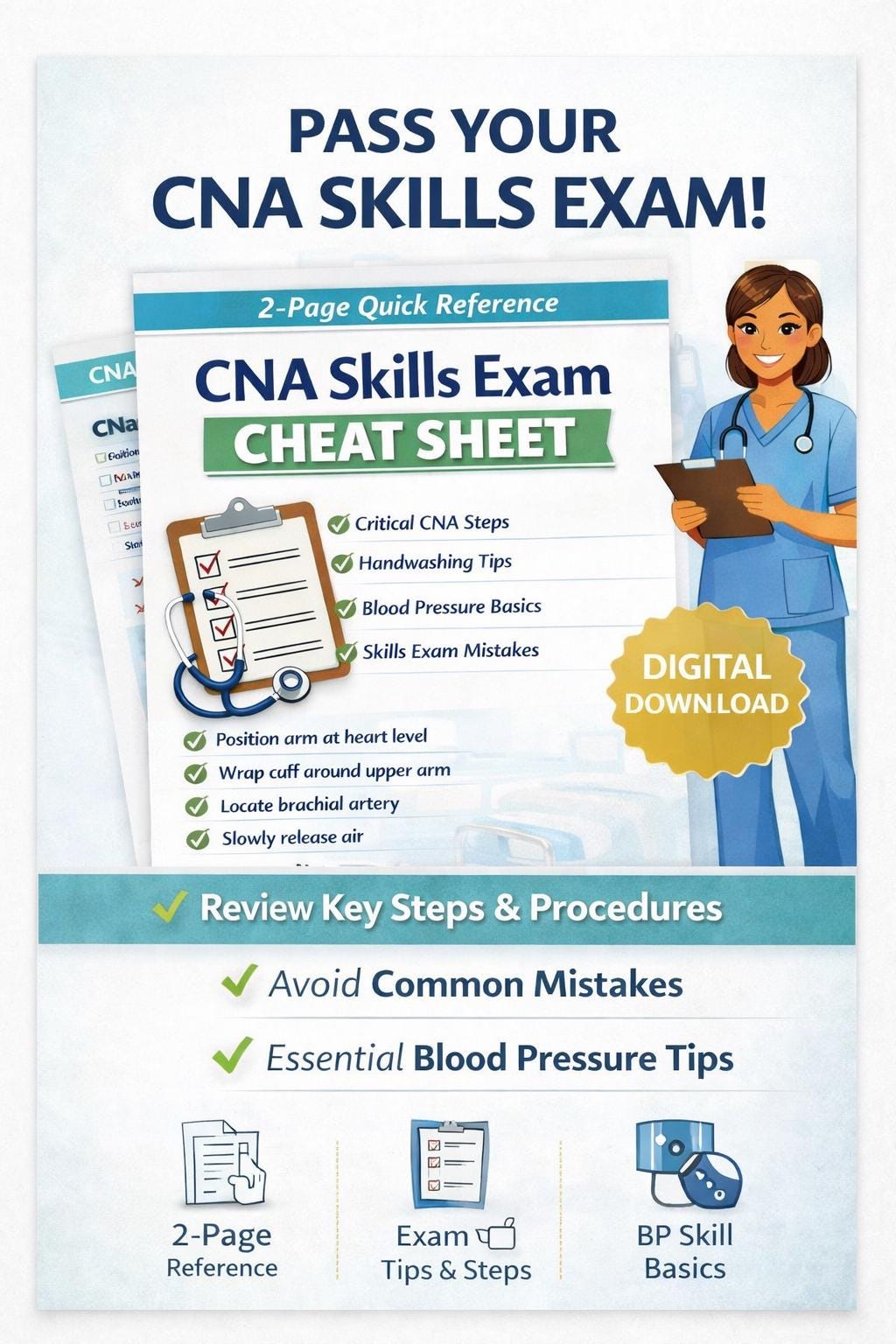 CNA Skills Exam Cheat Sheet | Quick Reference Study Guide (digital ...