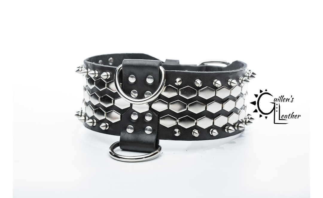 3 Inch Wide (hexagon Studs and Small Spikes) Leather Dog Collar - Etsy