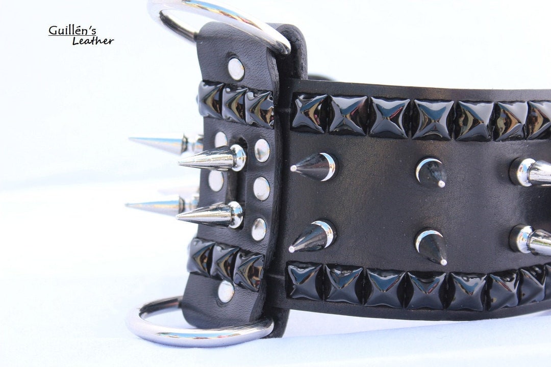 3 Inch Wide (big Spikes and Black Pyramids Studs) Leather Dog Collar - Etsy