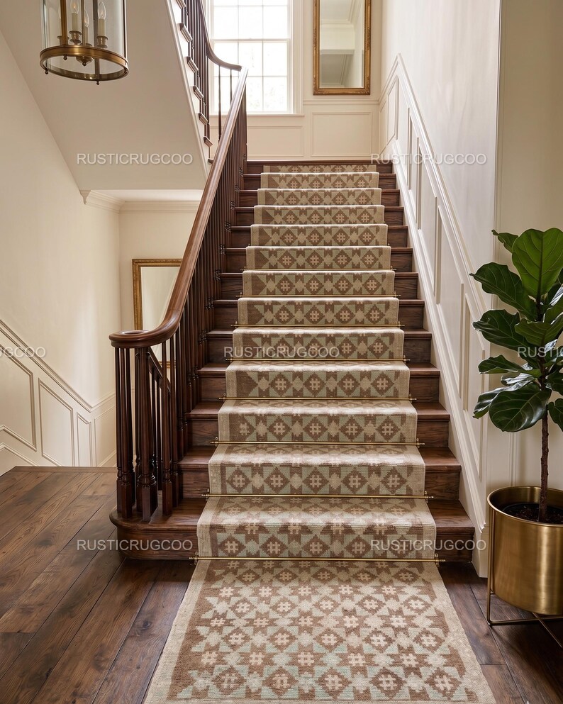 Oushak Runner Vintage Turkish Design Beige Sage Organic Wool Bohemian ...