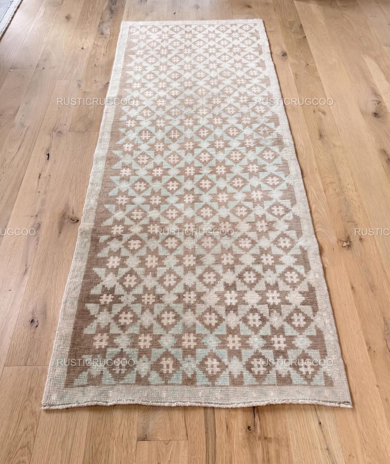 Oushak Runner Vintage Turkish Design Beige Sage Organic Wool Bohemian ...