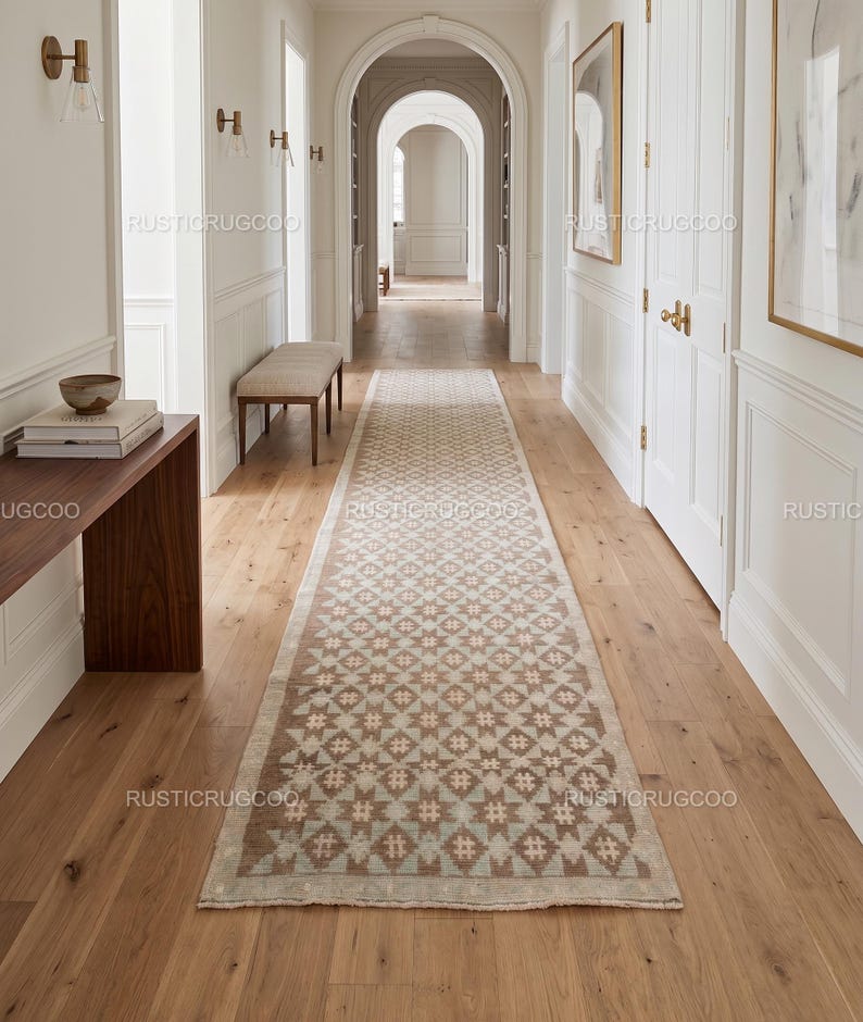 Oushak Runner Vintage Turkish Design Beige Sage Organic Wool Bohemian ...