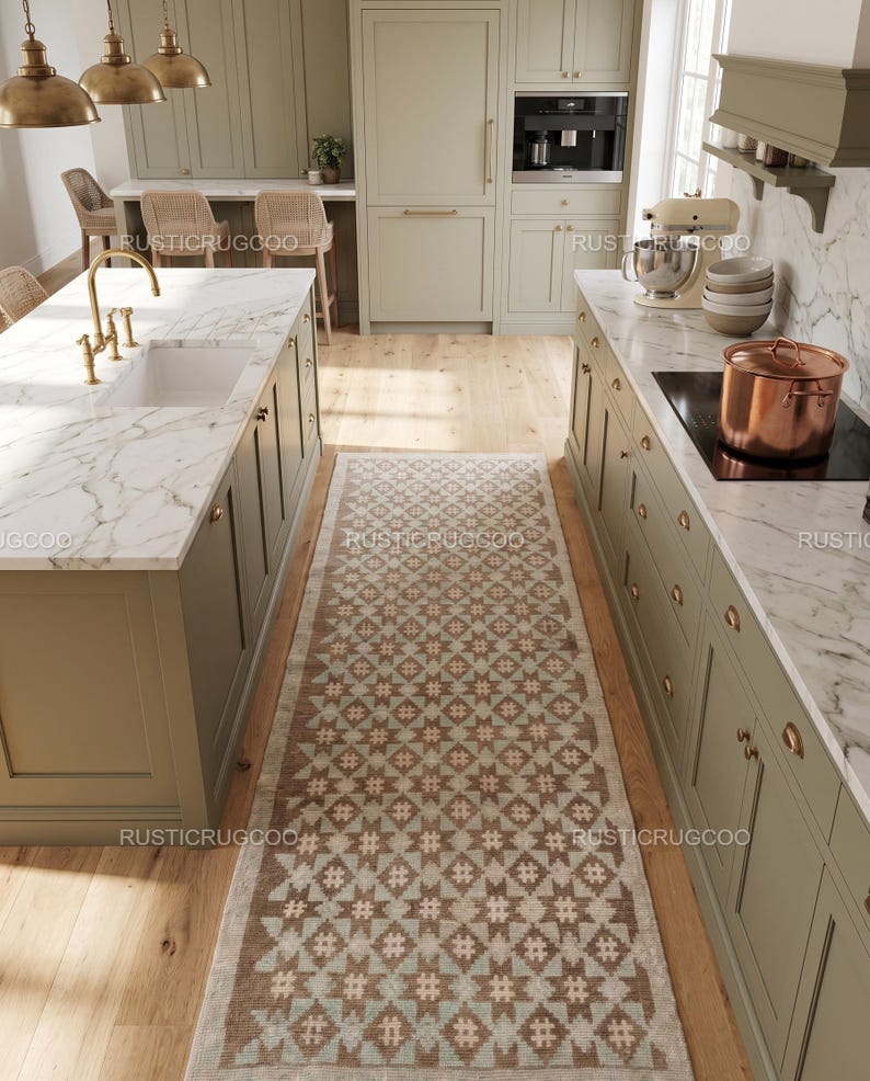 Oushak Runner Vintage Turkish Design Beige Sage Organic Wool Bohemian ...