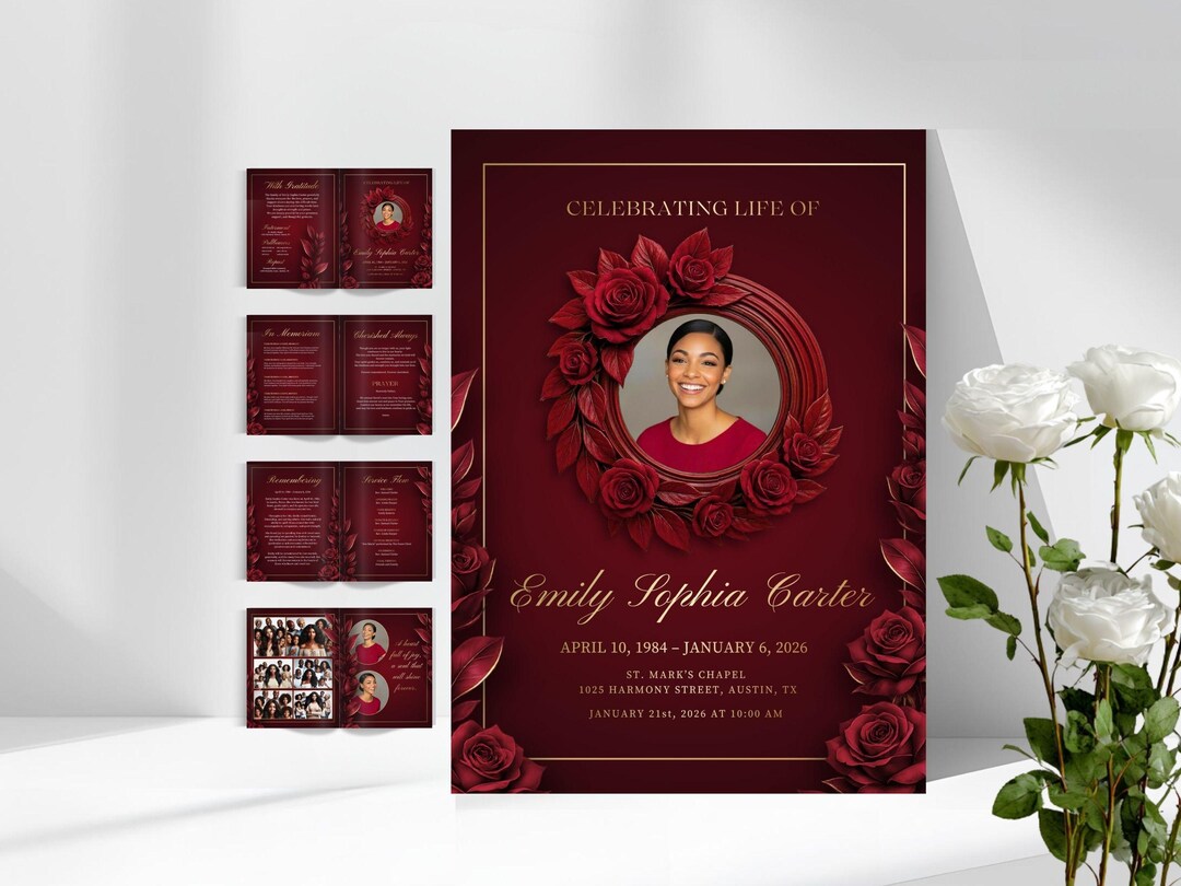 Program Funeral Template Red Obituary Service Program Memorial Booklet ...