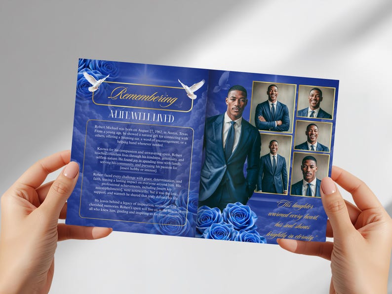 Blue Funeral Program Template Canva Obituary Program Template Memorial ...