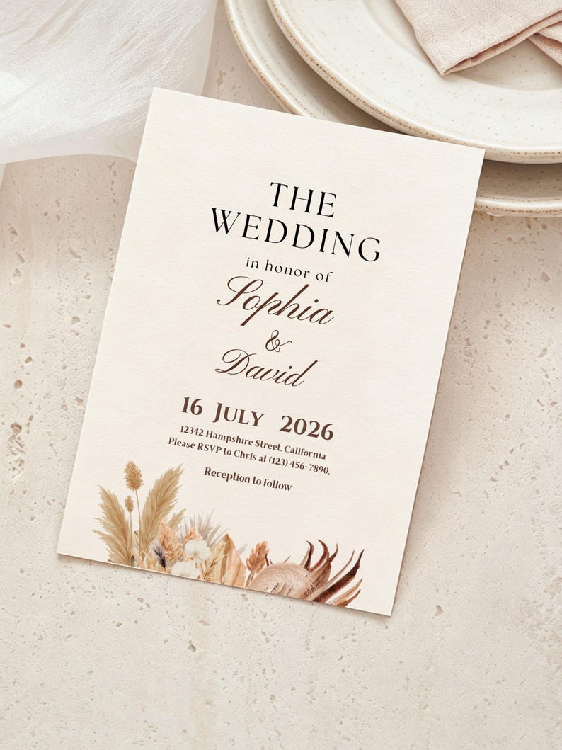 Ivory Cream Save the Date Website Template, Boho Pampas Digital ...