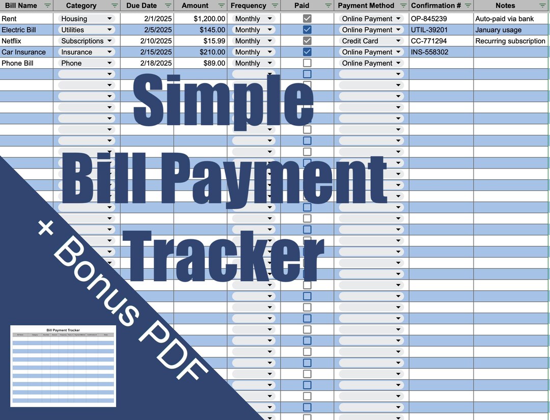 Bill Payment Tracker Spreadsheet & Printable PDF | Monthly Bill Log ...