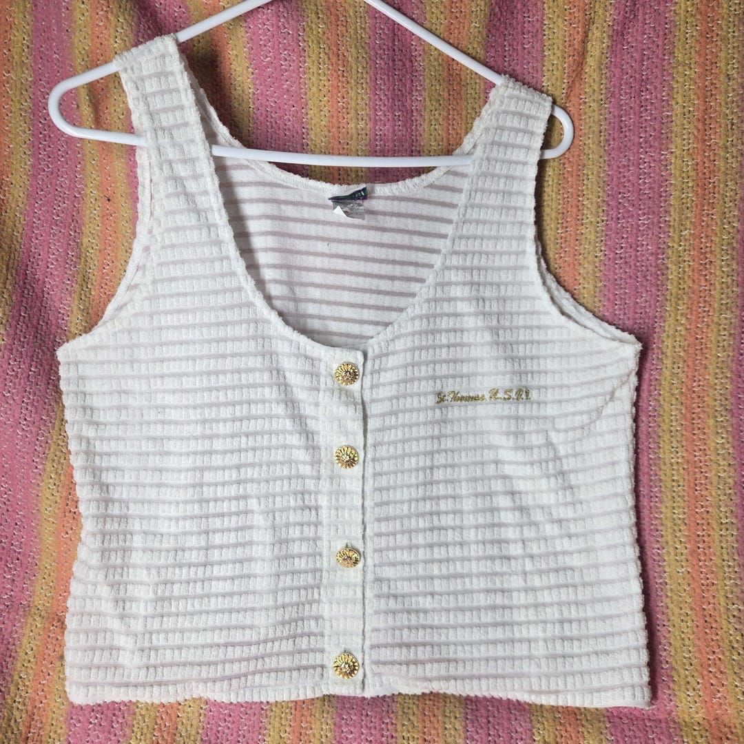 Vintage 1990s White Ribbed Terry Cloth Crop Top With Gold Buttons ...
