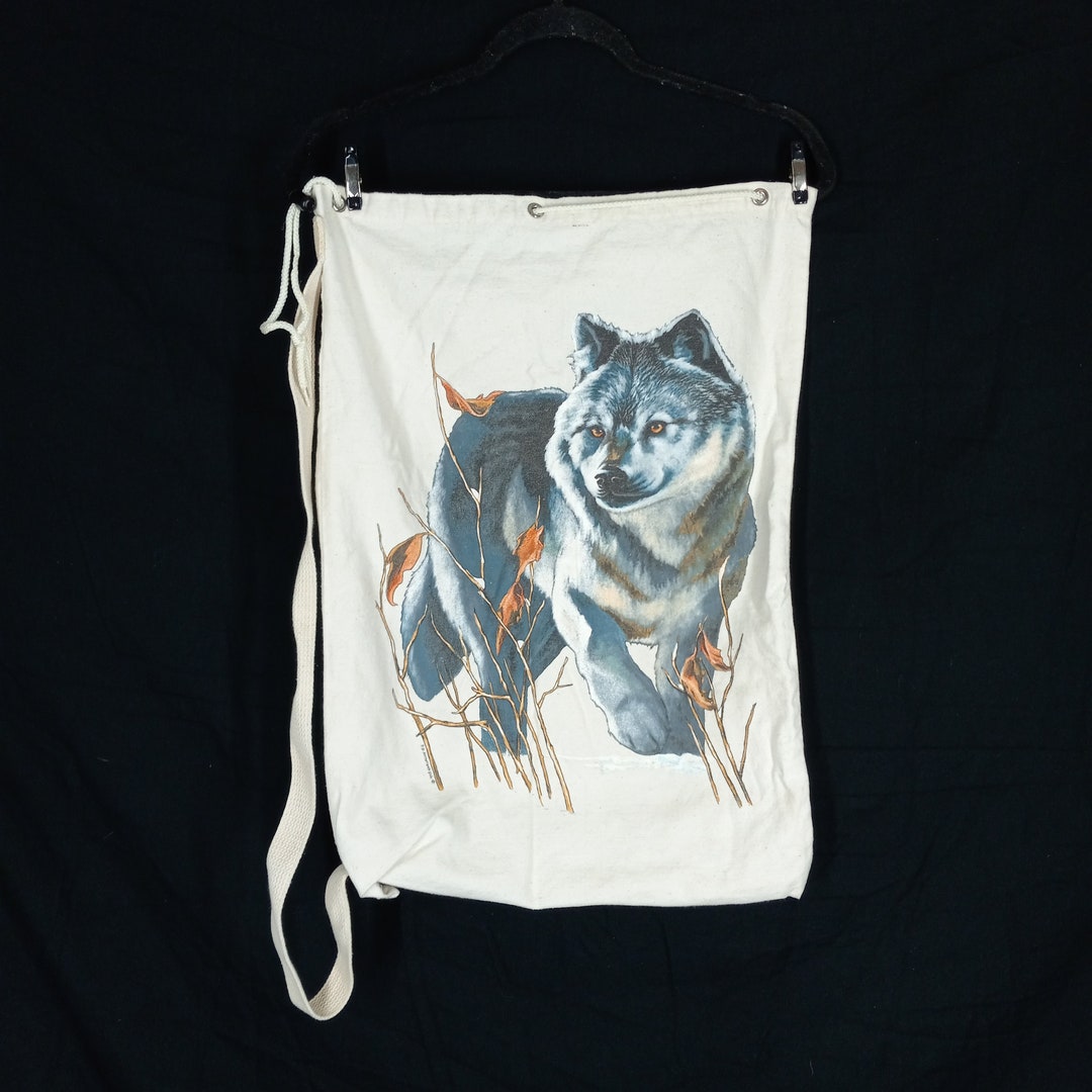 Vintage 1993 Canvas WOLF Draw String Duffle Bag Sling Bag / Travel ...