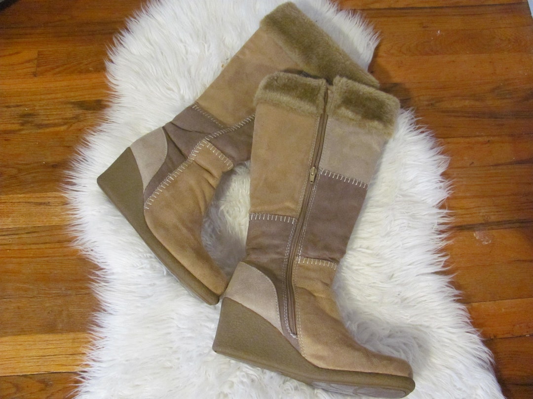 Vintage 90s Y2K Tan Brown Patchwork Boots Faux Fur Trim Wedge Heels ...
