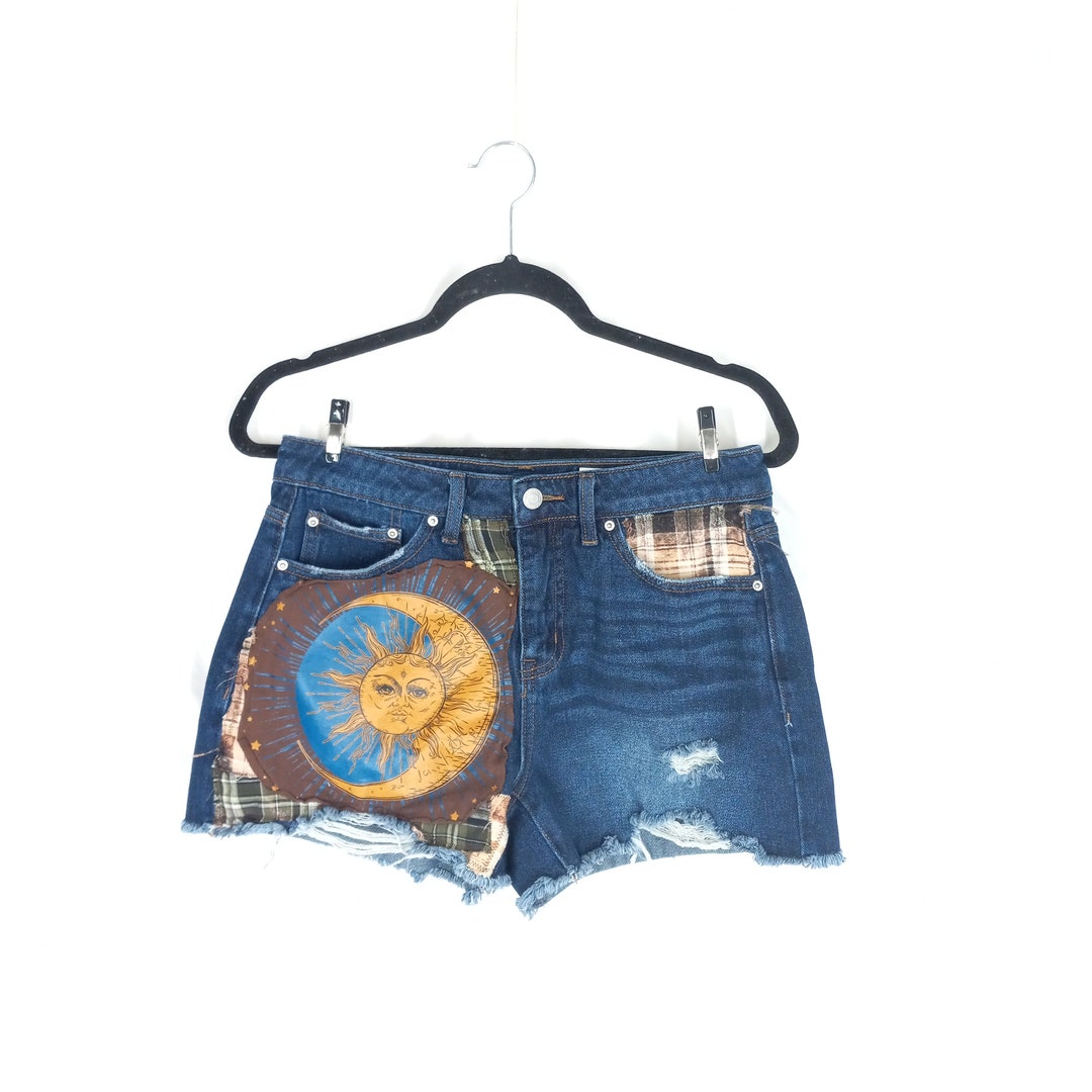 Reworked Denim Patchwork Sun and Moon Distressed Womens Shorts Upcycled ...