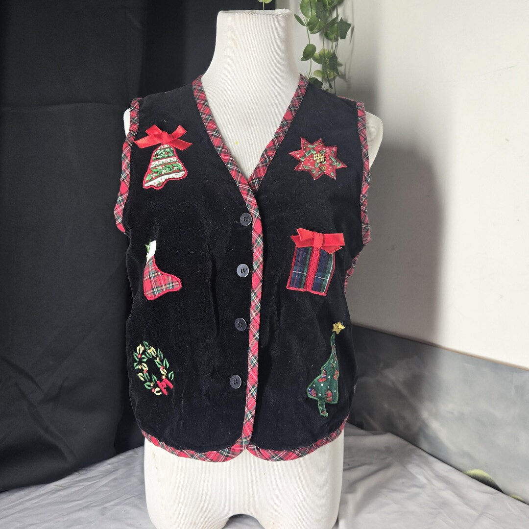 Vintage 1990s Festive Plaid Black Tacky Fun Christmas Vest Sleeveless ...