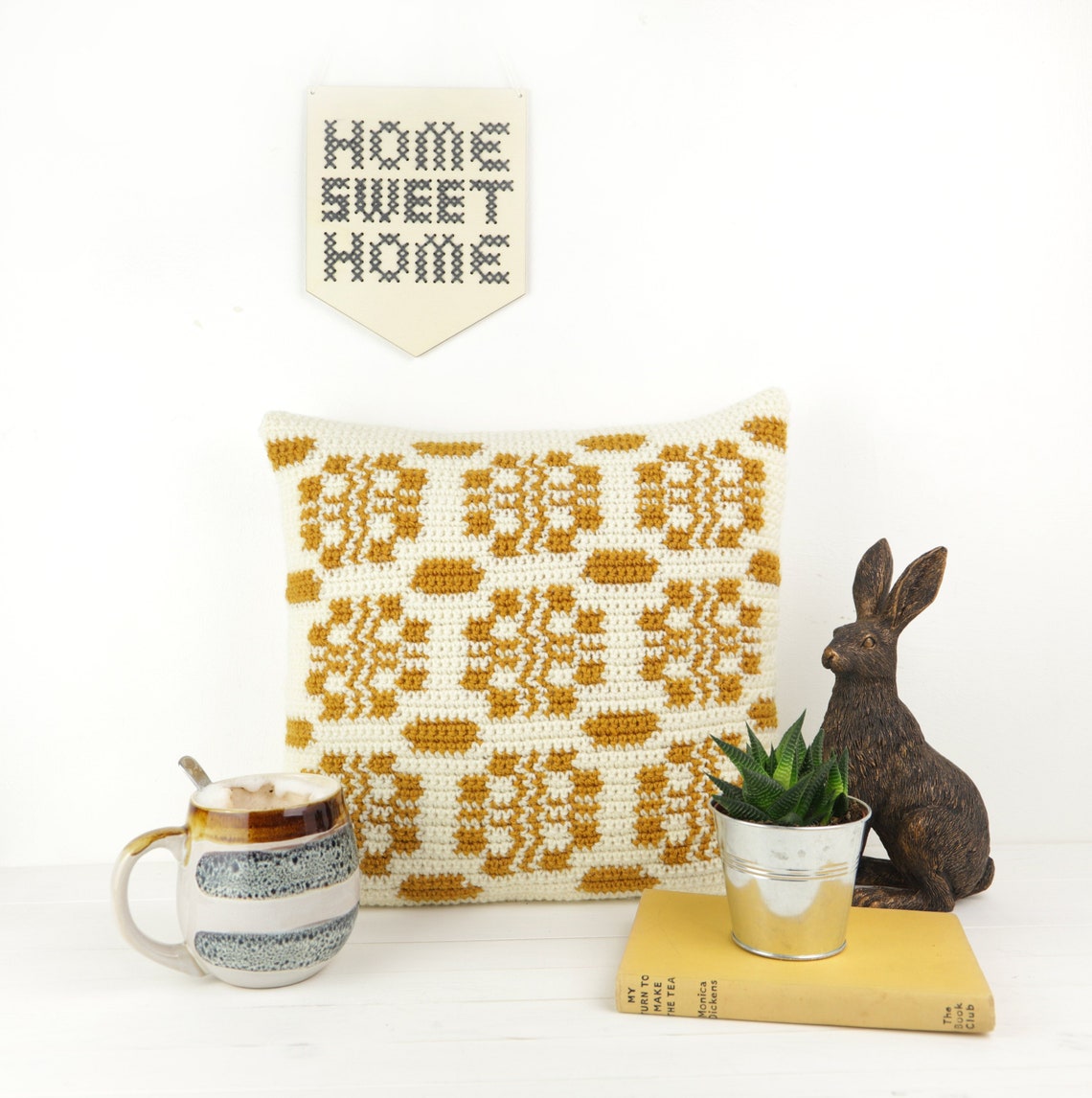 Welsh Blanket Crochet Pattern, Retro Crochet Pillow, Mustard Cushion ...