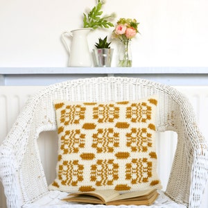 Welsh Blanket Crochet Pattern, Retro Crochet Pillow, Mustard Cushion ...