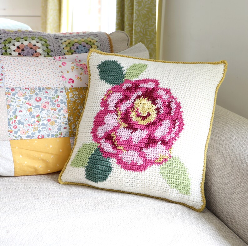 Cushion Crochet Pattern, Flower Cushion, Rose Pillow, Farmhouse Decor ...