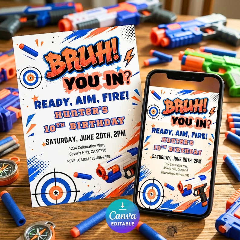 Nerf War Birthday Invitation Boy, Kids Nerf Theme Party Invite, 10th ...