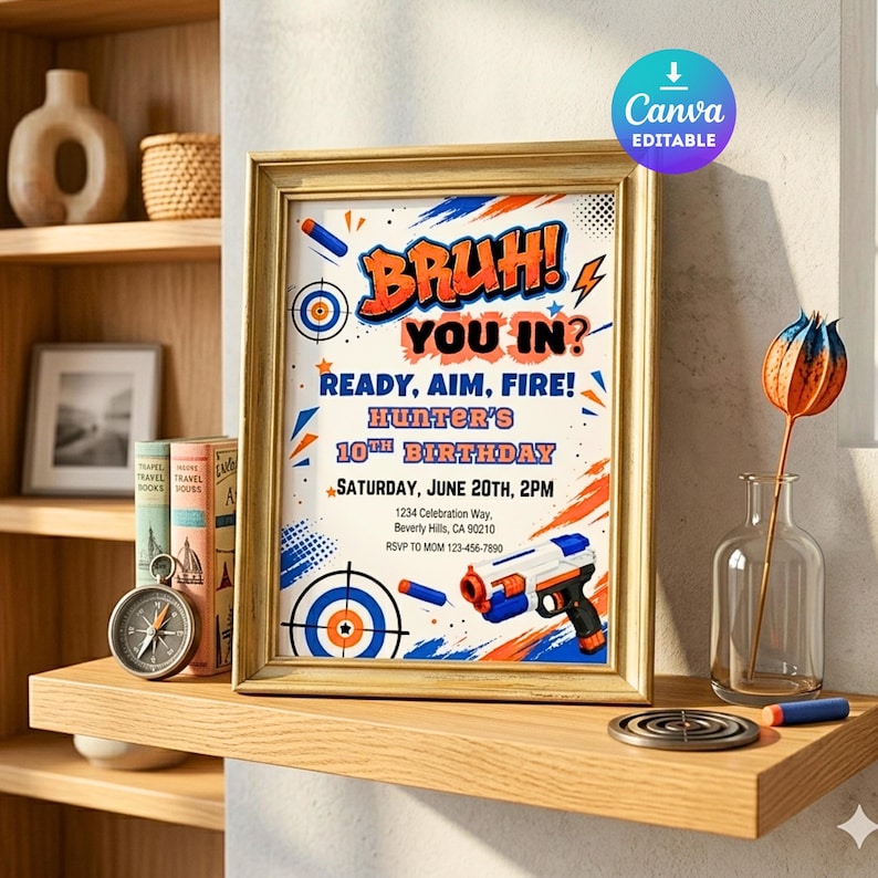 Nerf War Birthday Invitation Boy, Kids Nerf Theme Party Invite, 10th ...