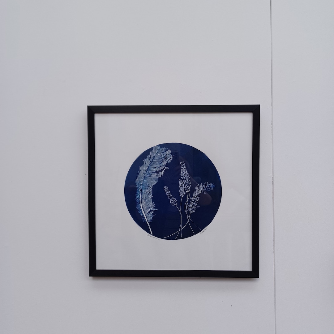 Framed Circle Lino Print Prussian Blue Feather Grasses - Etsy
