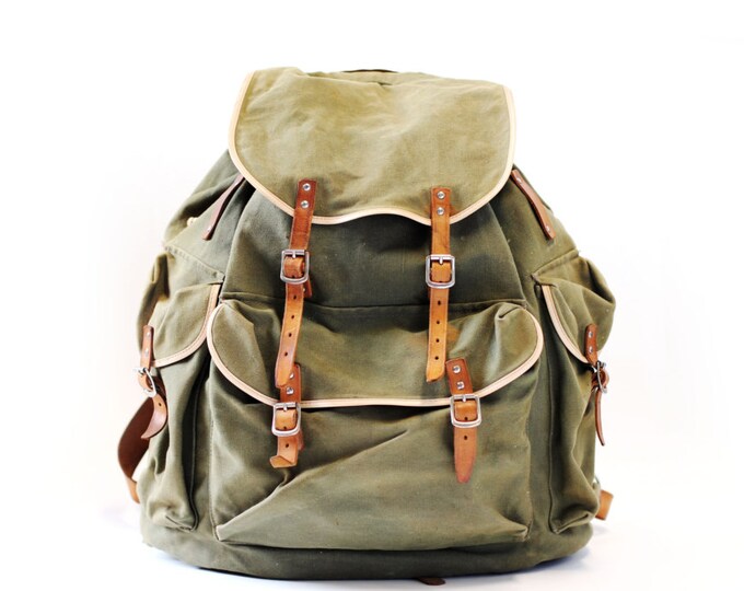 Leather Backpack Leather Rucksack Khaki Canvas Outdoor Hiking Army ...