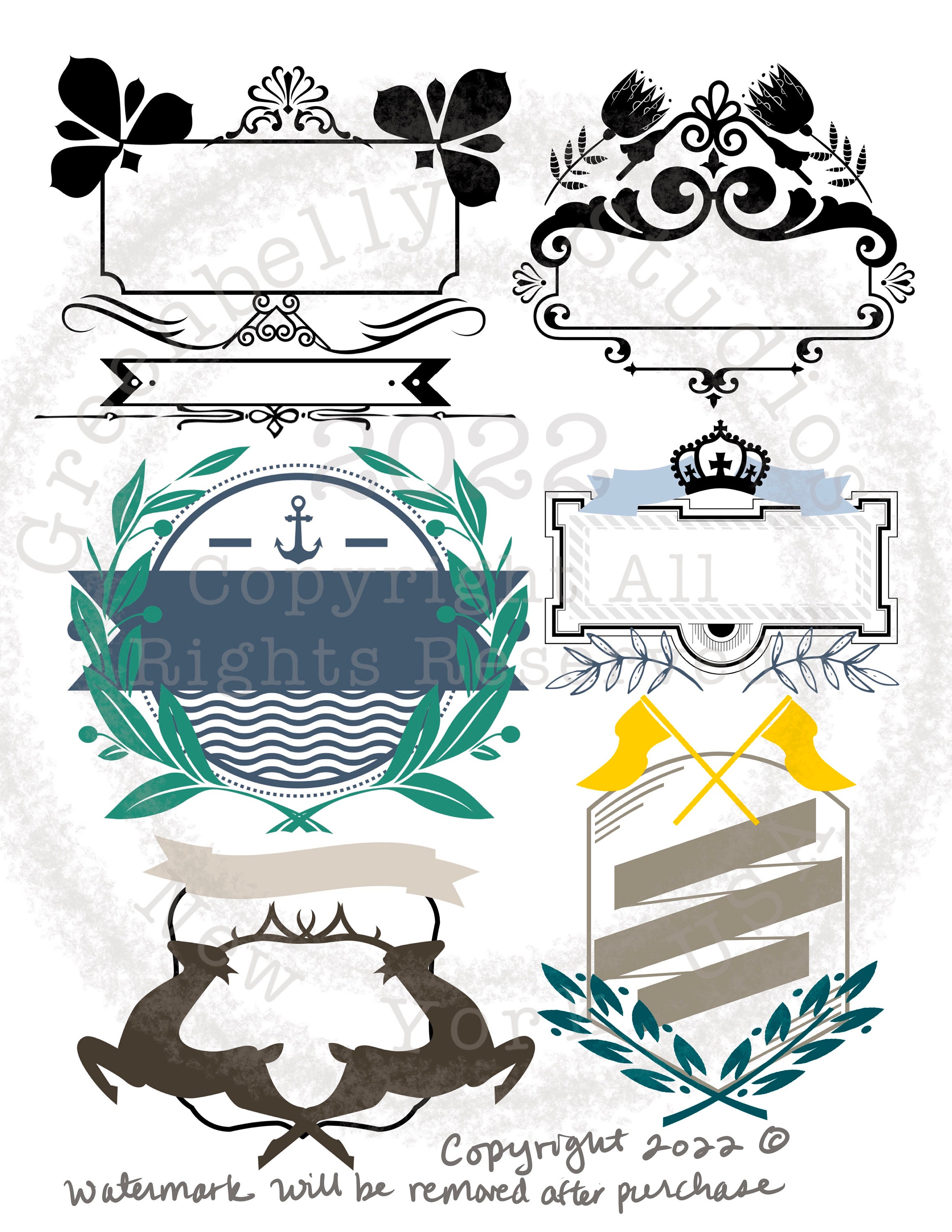 Map Cartouche Decorative Emblems Printable 2 Pages PDF & PNG Digital ...