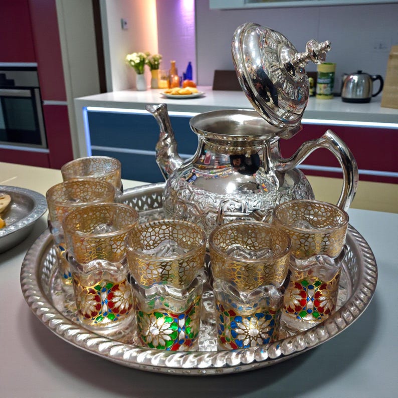 Traditional Moroccan Silver Tea Set – Hand-engraved Tray, Teapot & 6 ...