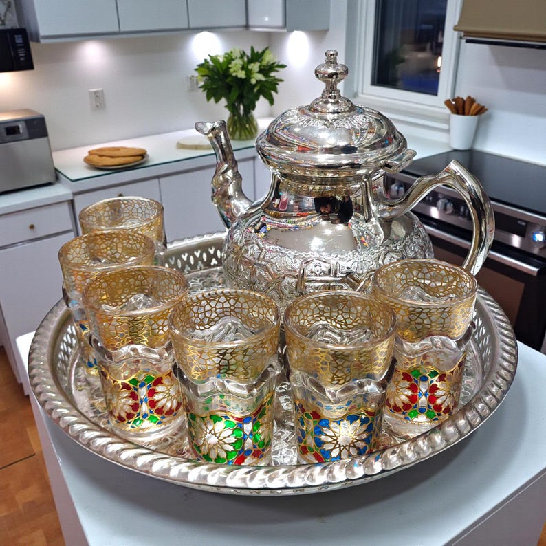 Traditional Moroccan Silver Tea Set – Hand-engraved Tray, Teapot & 6 ...