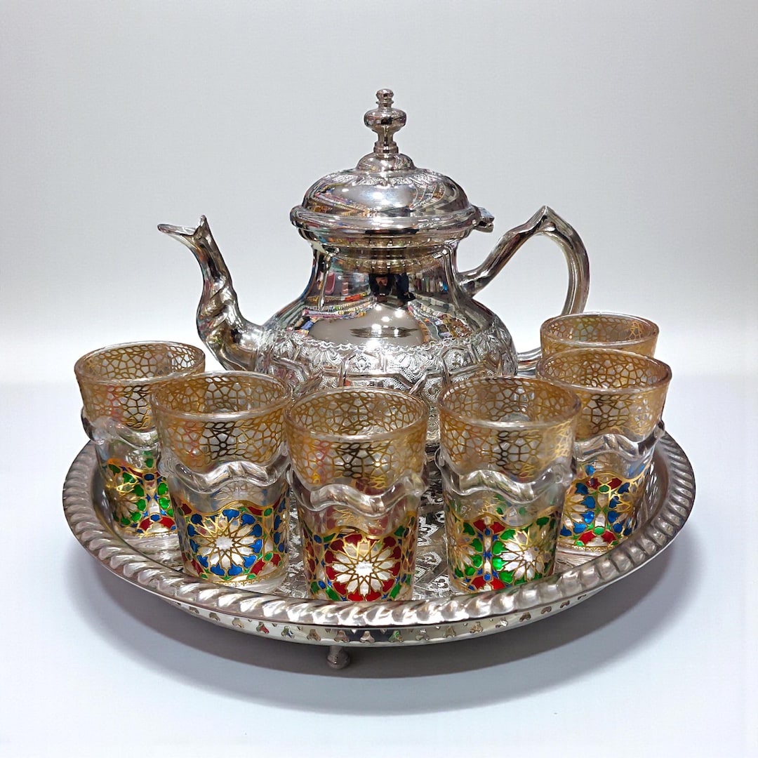 Traditional Moroccan Silver Tea Set – Hand-engraved Tray, Teapot & 6 ...
