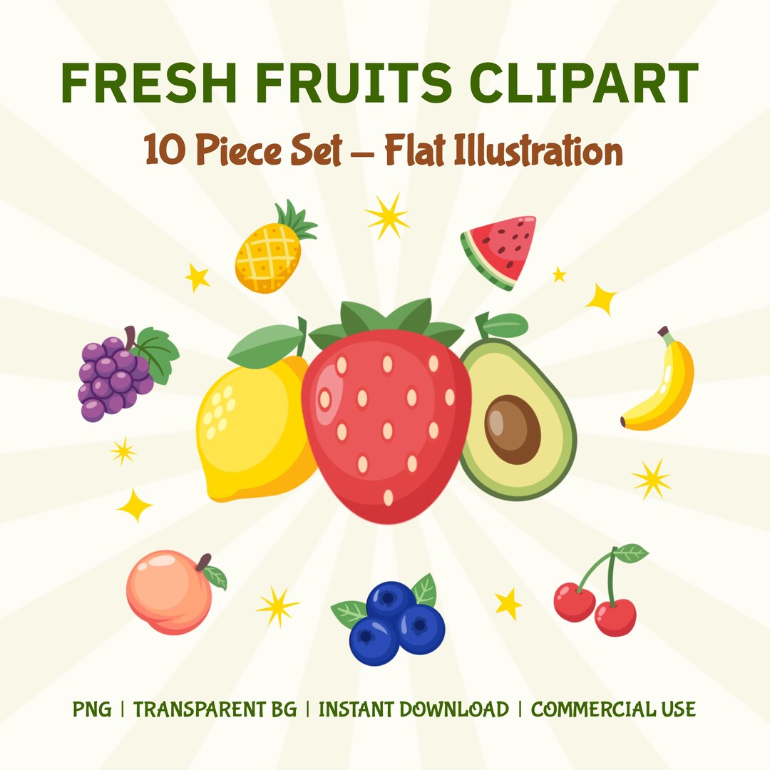 Fresh Fruits Clipart Set, 10 Piece Flat Illustration Bundle (commercial ...