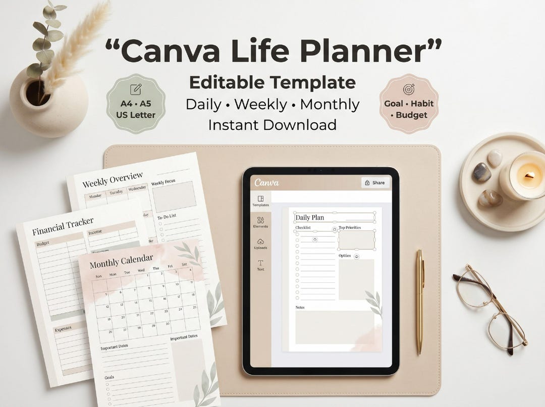 Canva Life Planner Template, Editable Planner, Daily Weekly Monthly ...