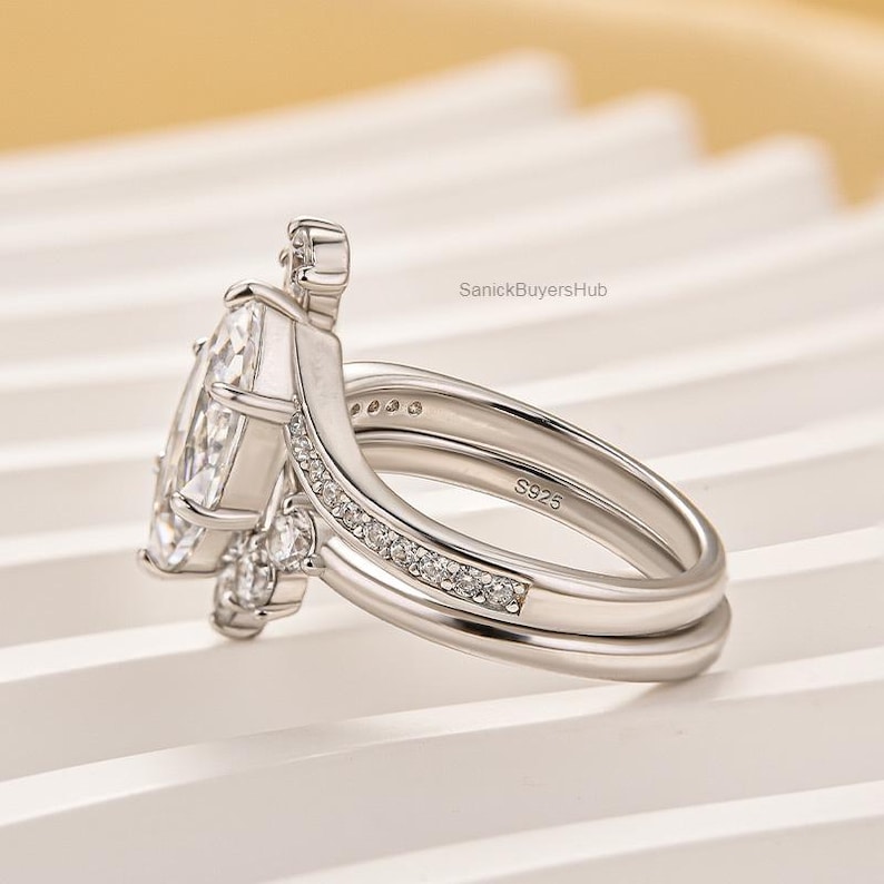 Vintage Marquise Cut Engagement Ring Set, Sterling Silver Bridal Insert ...